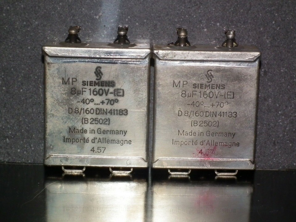 Two vintage Siemens PIO capacitors 8 uF 160V Klangfilm tube audio Glass ...