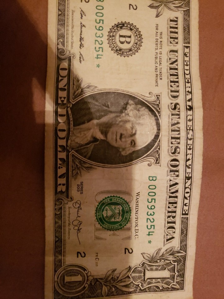 Rare One Dollar Bill Star Note B With Fancy Serial Number.B 00593254 ...
