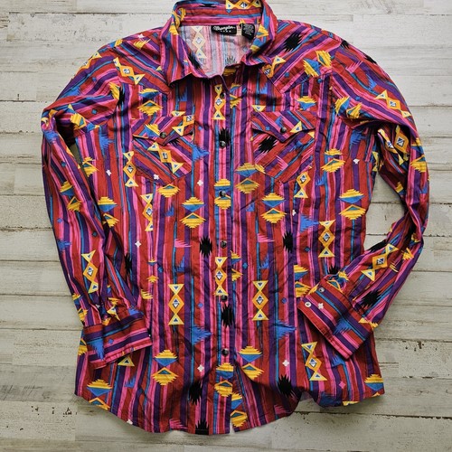 Wrangler Retro Womens Aztec Pearl Snap WESTERN Multicolor All Over ...