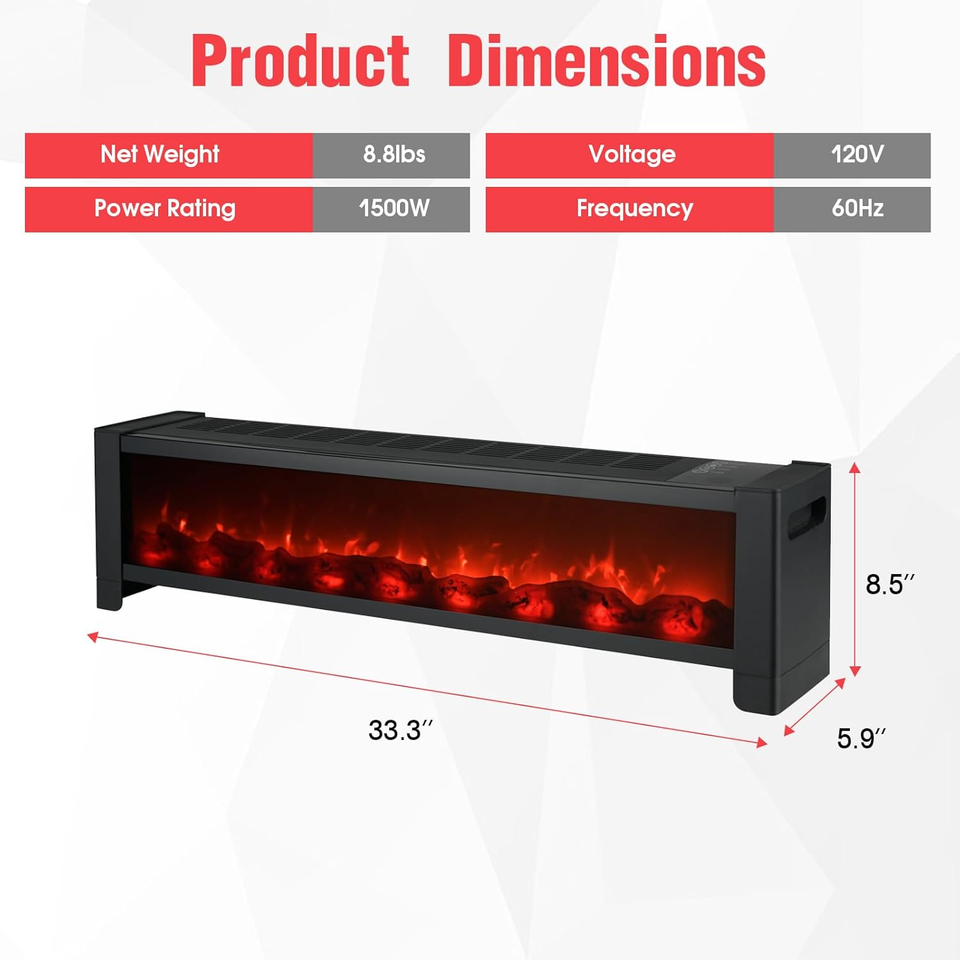 1500W Portable Electric Baseboard Heater with 3D Flame & Timer | eBay