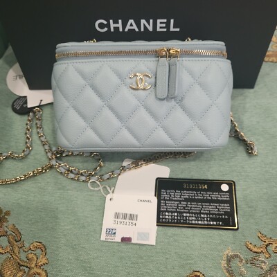 CHANEL Caviar Quilted Small Tiny CC Vanity Case With Chain Light Blue ...