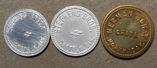 3 Crete ND: Stephens Bros. – 10c & 25c + Herman T. Gray – 25c. Brass ...