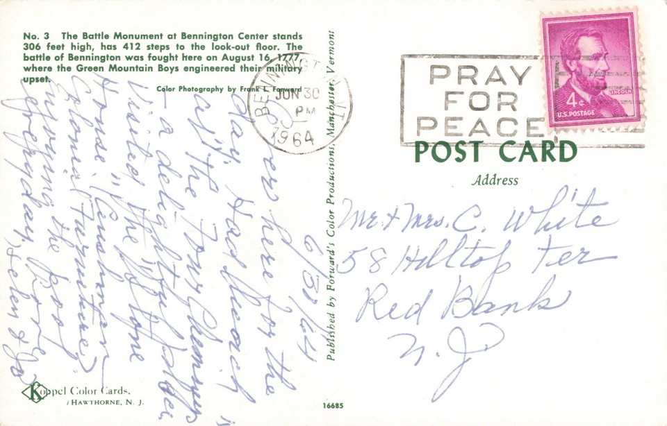 Postcard Battle Monument Bennington Vermont | eBay