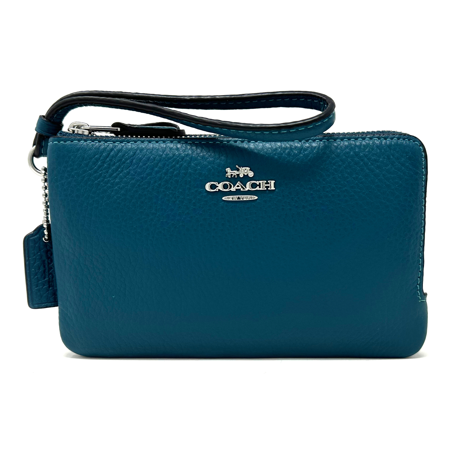Coach 6649 Double Corner Zip Wristlet- Turquoise & Black- Pebbled ...