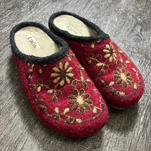 Taos Wool Clogs Embroidered Floral Red Brown Slip On Women Shoes Size ...