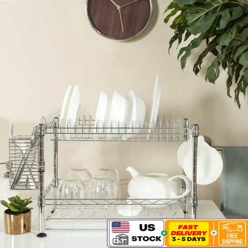 Adjustable Chrome Dish Rack Two Tier Countertop Organizer Kitchen ...