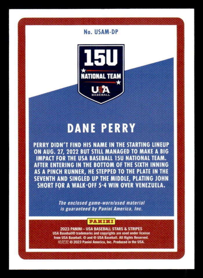 2023 Panini USA Baseball 15U National Team Relic Dane Perry 143/250 | eBay