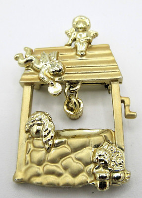 Vtg AJC WATER WELL BUCKET CHARM ANGEL wing big Christian Brooch Pin ...