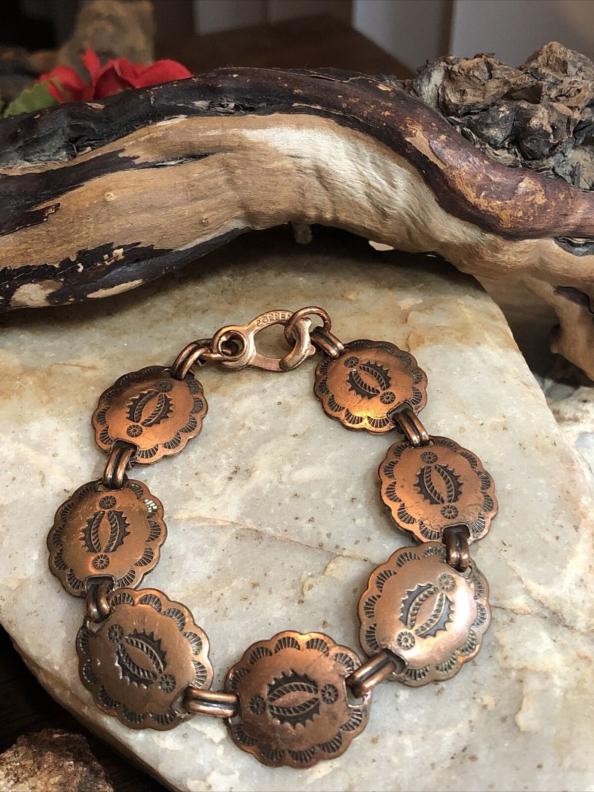 1960s Genuine Copper Concho Etched Stamped Panel Link… - Gem