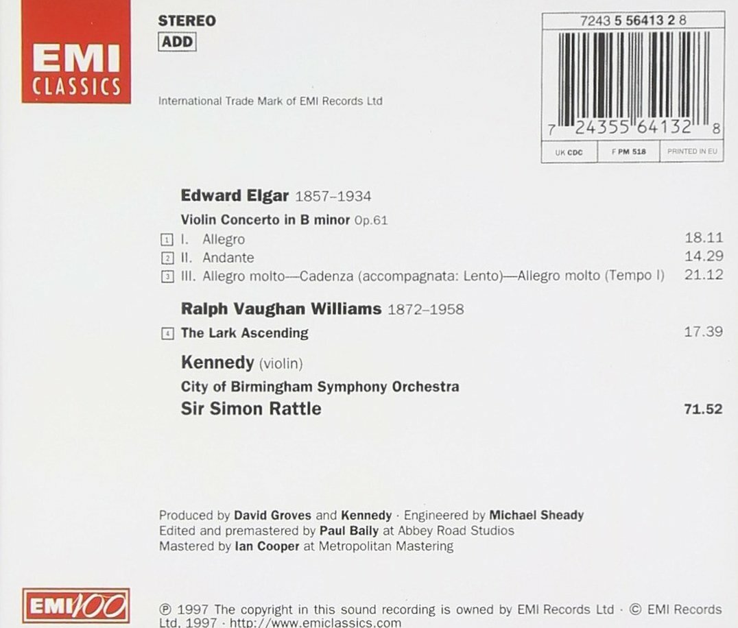 Elgar Violin Concerto NIGEL KENNEDY SIMON RATTLE ORIG 1997 EMI UK CD ...