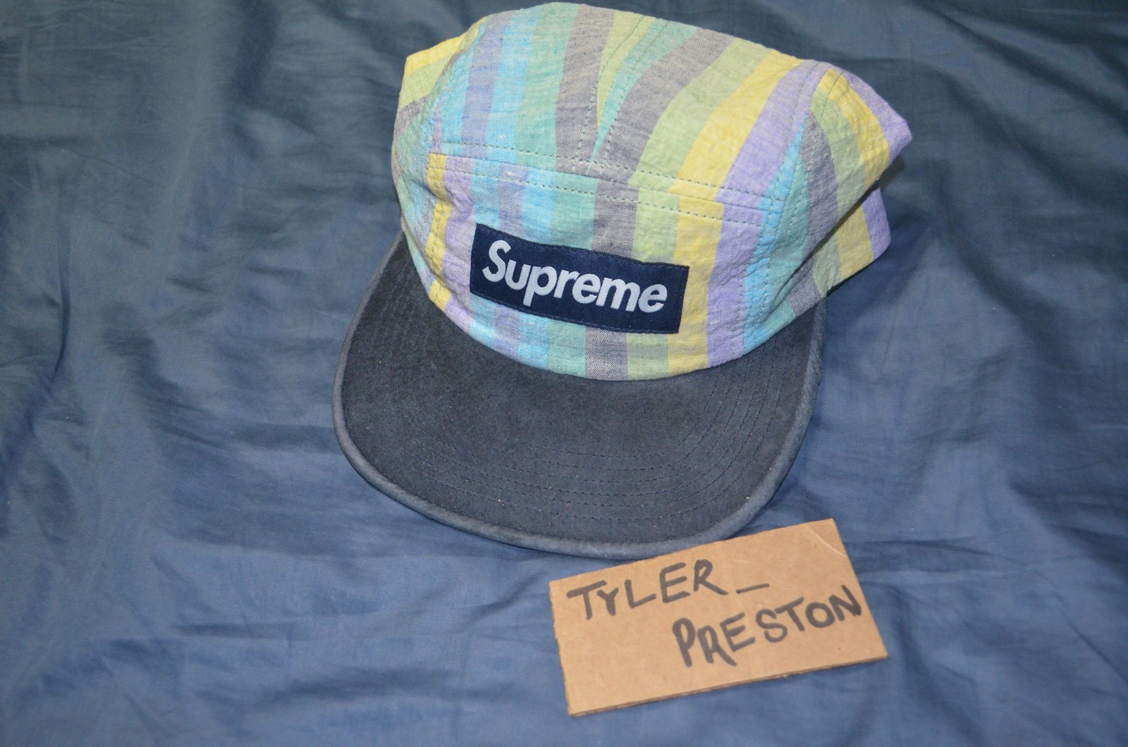 Supreme Striped Linen Suede Camp Cap CDG Steiff Logo TNF DB PCL Cat ...