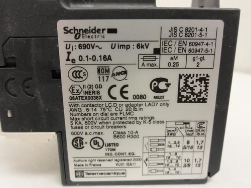 207939 New-No Box; Schneider LRD01 Overload Relay; 0.1~0.16A 3P 600VAC ...