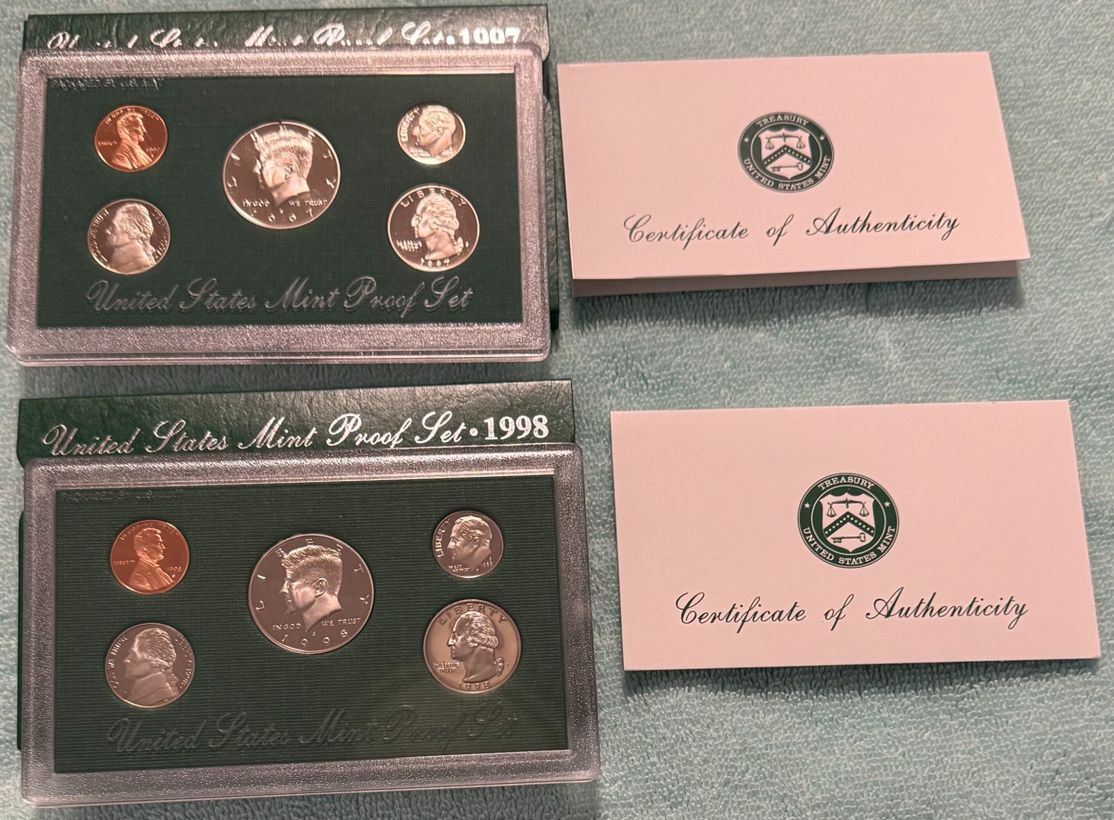 Lot of 5 'green box' U.S. PROOF SETS. Run includes 1994 1995 1996 1997 ...
