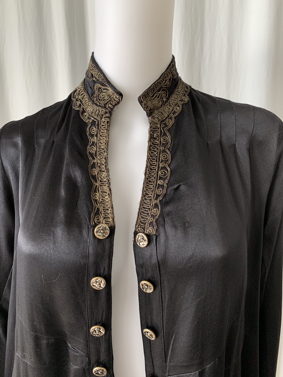 Vintage Ethnic Black And Gold Embroidered Satin Jacket - Gem