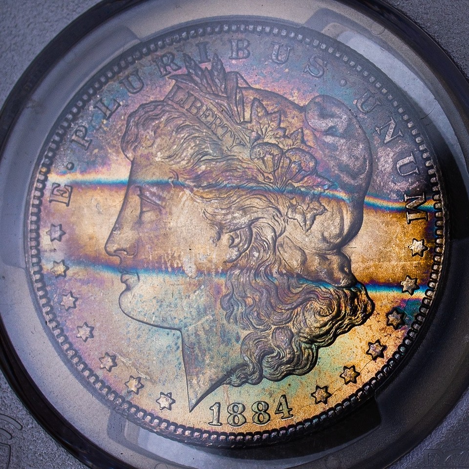 1884-CC PCGS MS65 MORGAN $ CARLSON CITY BLAZER!! RADIANT RAINBOW TONING ...