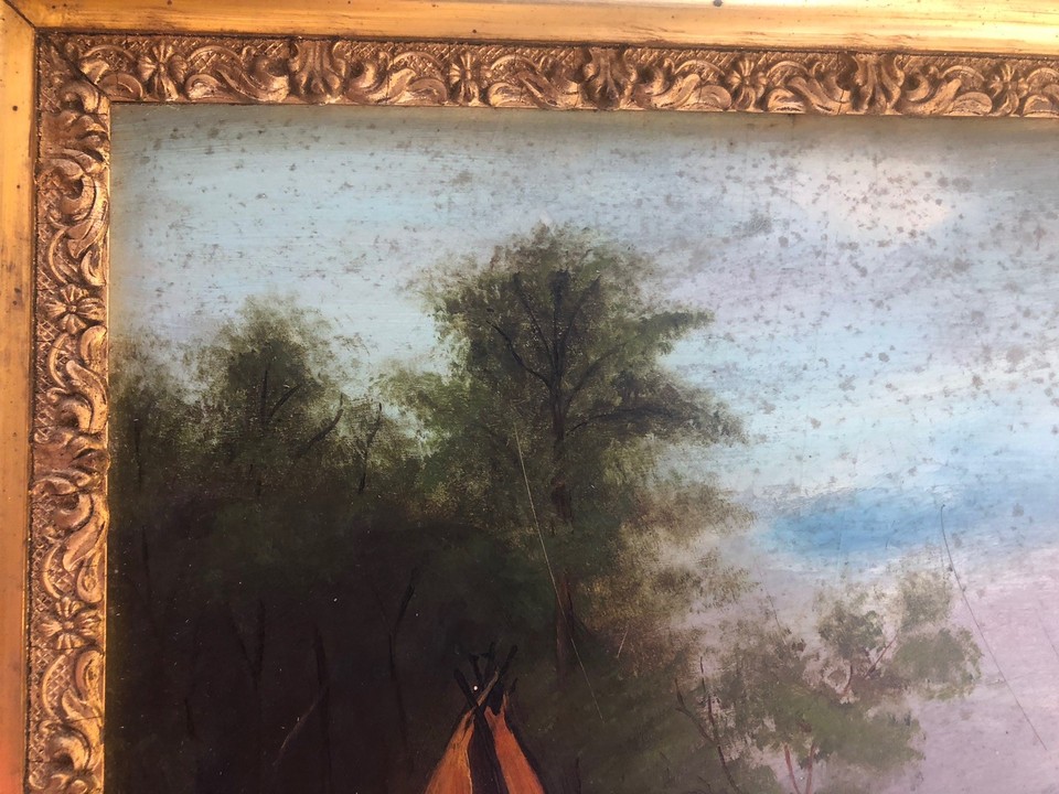 Antique Naïve Primitive American Indian Camp Canoe Oil Painting Academy ...