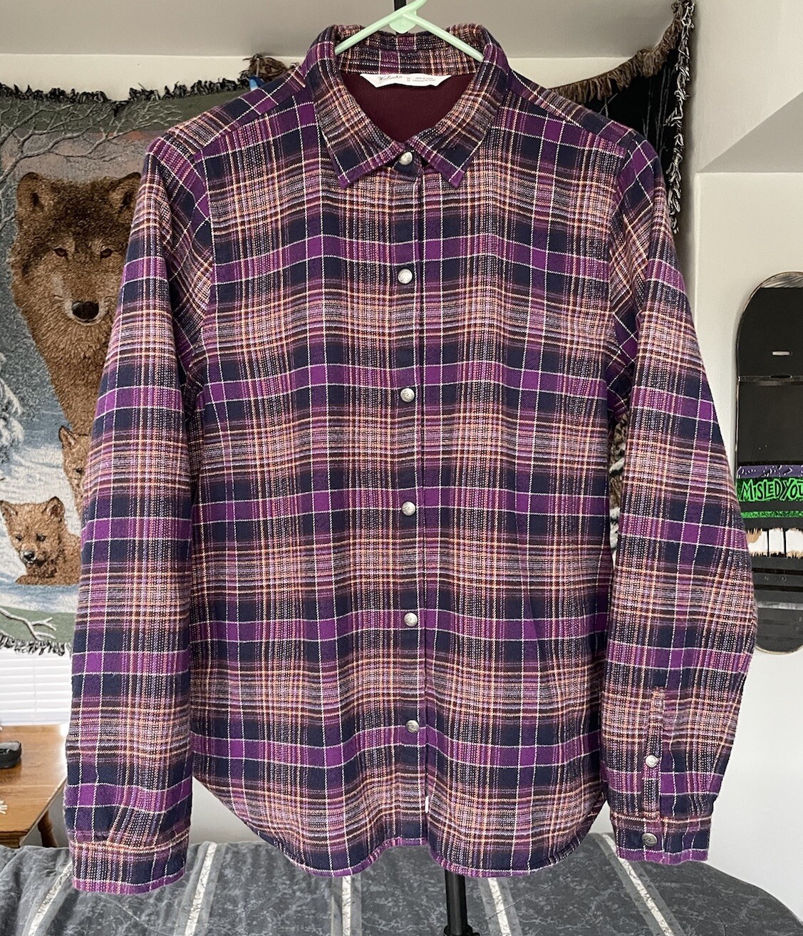 Women's Woolrich Purple Plaid Fleece Lined Flannel Shacket With Pockets ...