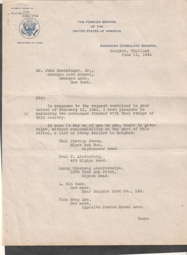 1941 signed letter & info sheet American Consulate Thailand/re stamps ...