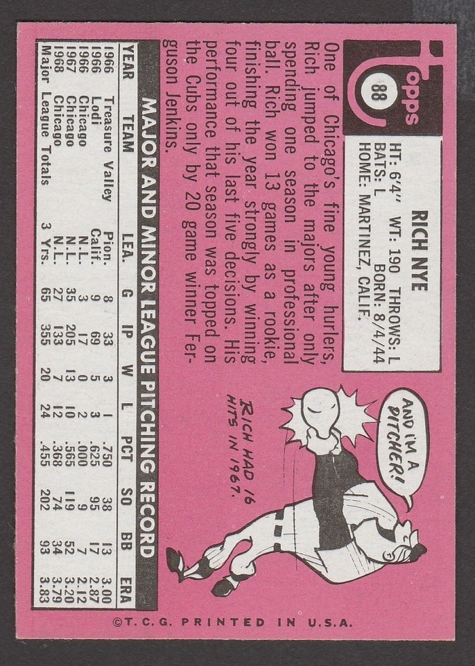 1969 TOPPS BASEBALL # 88 RICH NYE NRMT-MT INV M437 | eBay