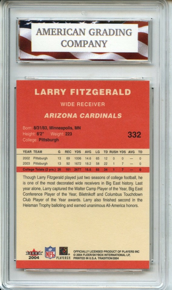 2004 Fleer Tradition #332 Larry Fitzgerald Rookie Card AGC 10 Gem Mint ...