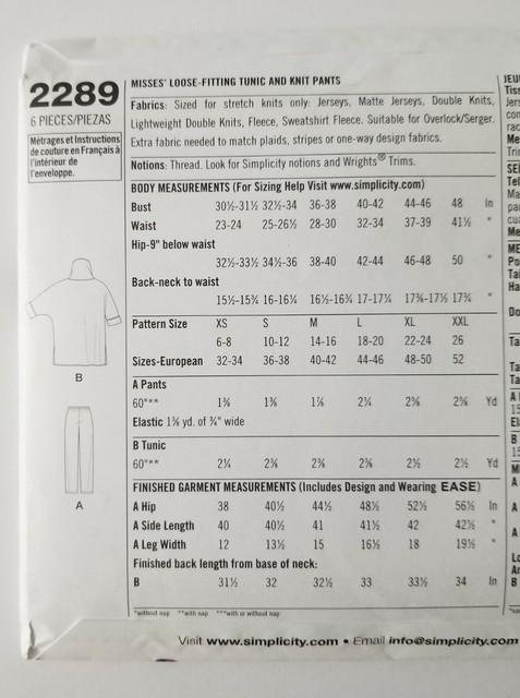 Simplicity 2289 Misses Tunic and Knit Pants Sz Xs-xxl for sale online ...