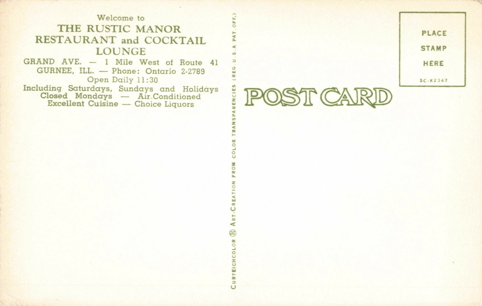 Postcard Rustic Manor Restaurant and Cocktail Lounge Gurnee Illinois | eBay