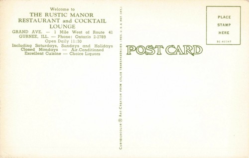 Postcard Rustic Manor Restaurant and Cocktail Lounge Gurnee Illinois | eBay