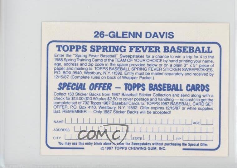 1987 Topps Album Stickers Test Issue Hard Back Glenn Davis #26 0o9 ...