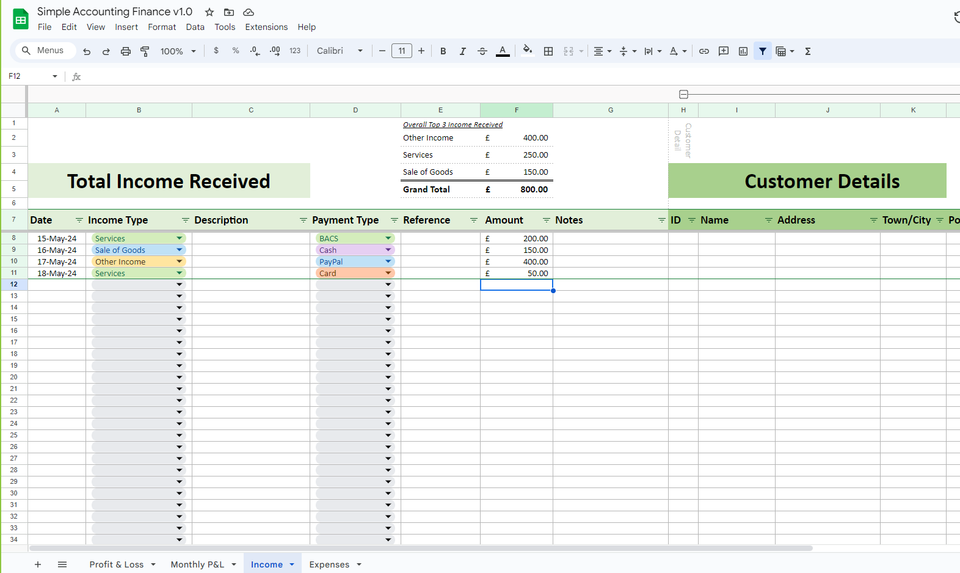 Google Sheets Simple Accounting Finance Bookkeeping Spreadsheet. Self ...