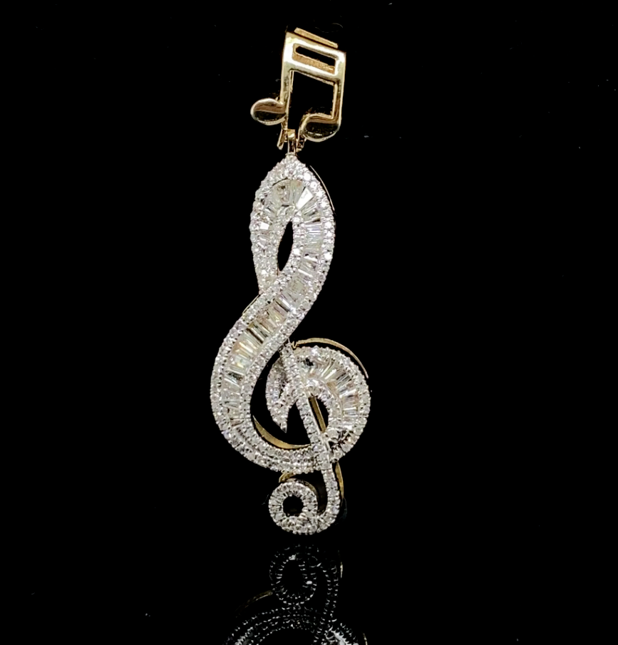 2Ct Baguette Lab-Created Diamond Music Note Pendant Men's 14K Yellow ...