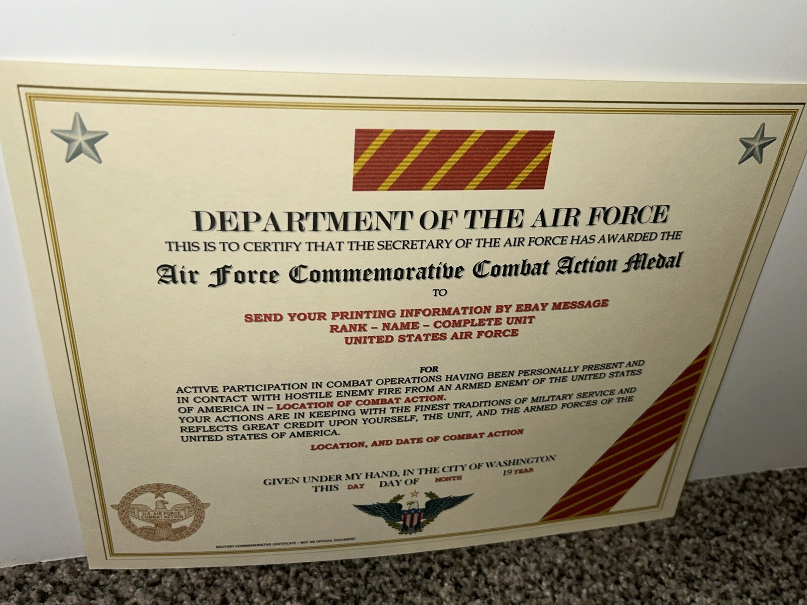 U.S. AIR FORCE COMBAT ACTION COMMEMORATIVE MEDAL CERTIFICATE ~ W ...