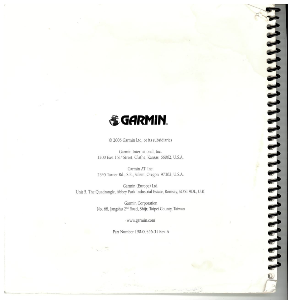 Used Garmin 400W/500W Series Pilot's Guide Addendum, 190-00356-31 Rev A ...