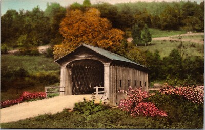 Hand Colored Postcard Old Covered Bridge West Arlington Road Manchester ...