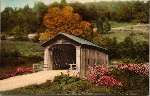 Hand Colored Postcard Old Covered Bridge West Arlington Road Manchester ...