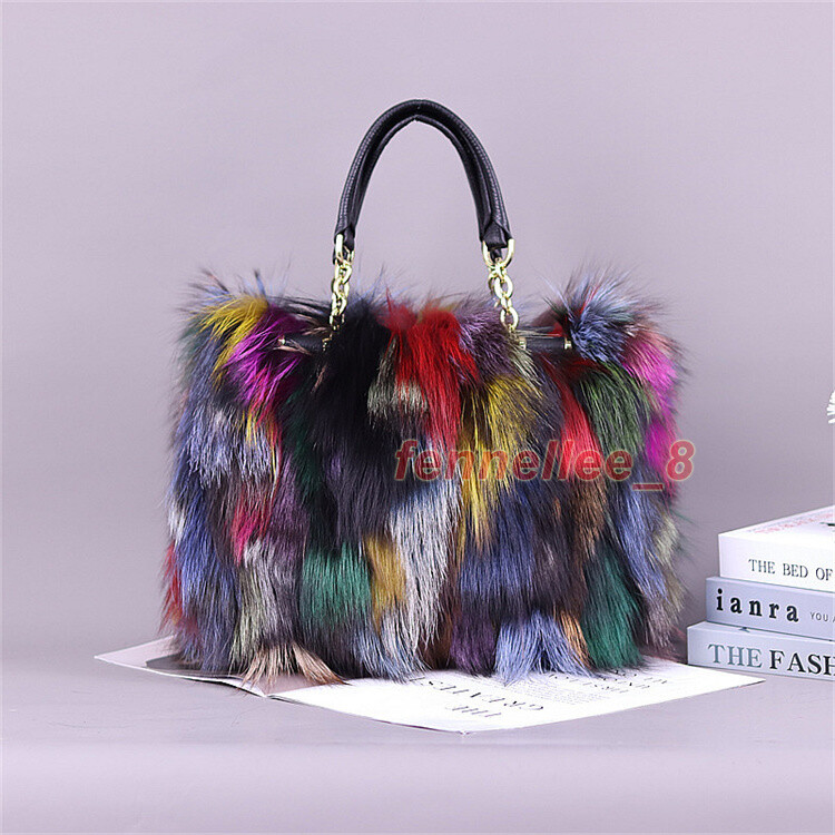 Women's Colored Real Fox Fur Handbag Real Leather Bag Cowhide Tote ...