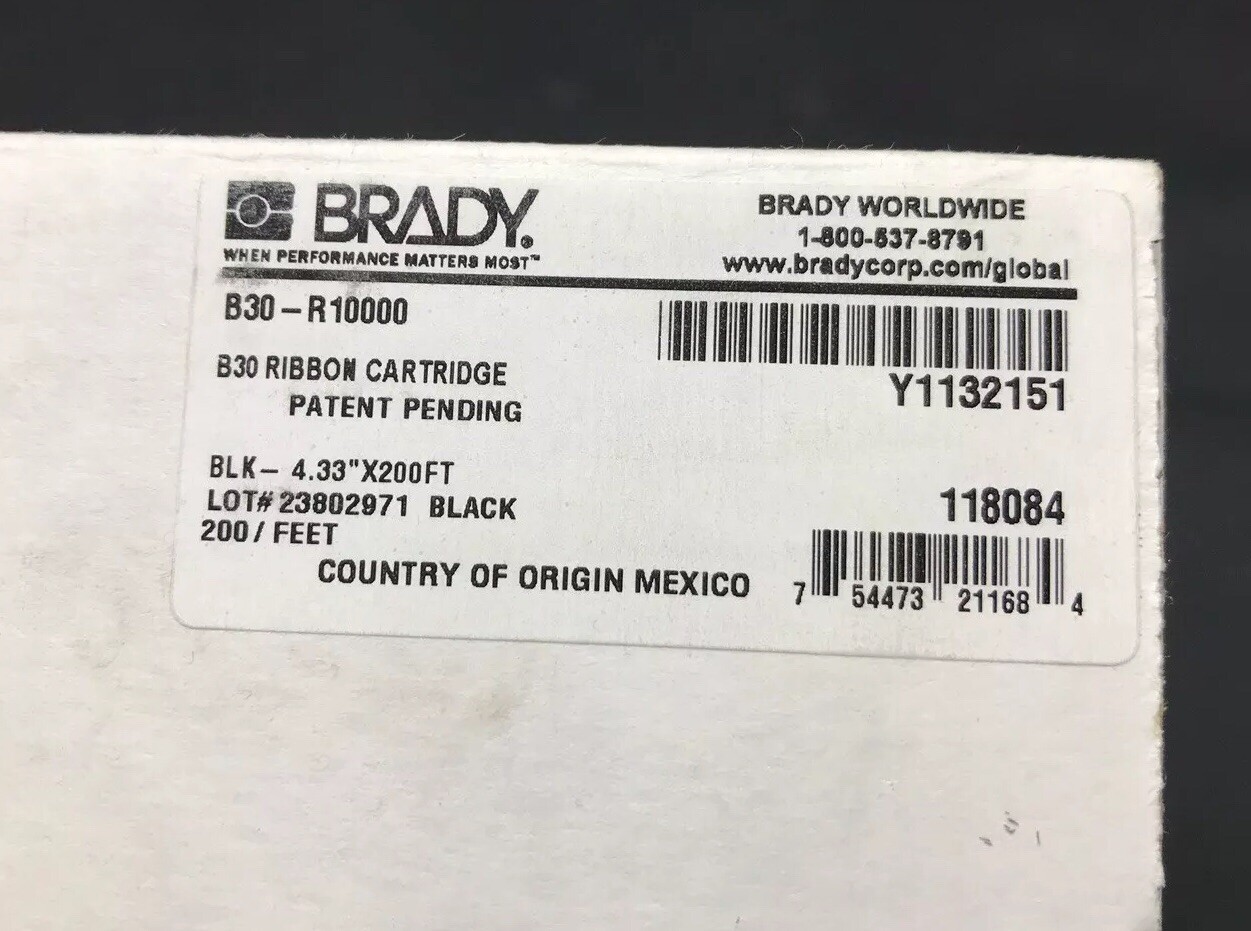 Genuine Brady B30-R10000 Black B30 Printer Ribbon 4.33" 200ft 118084 ...