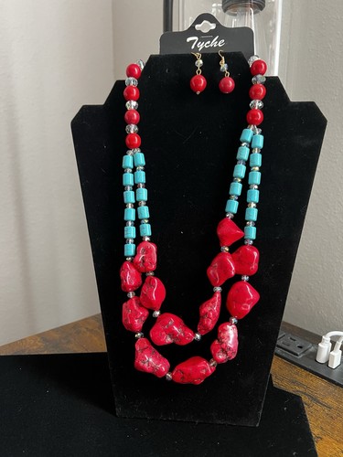 Turquoise And Red Howlite Stones And Beads Necklace And Earrings Set | eBay