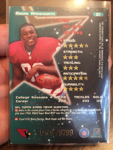 ANDRE WADSWORTH 1998 TOPPS "NFL STARS" #21 CARDINALS FLORIDA STATE ...