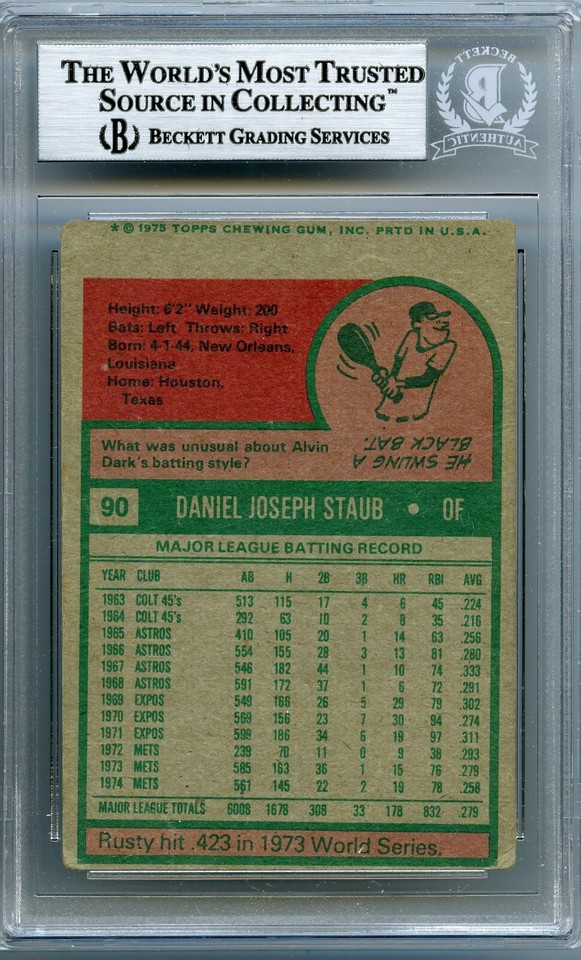 BECKETT SIGNED 1975 TOPPS #90 RUSTY STAUB NEW YORK METS AUTOGRAPHED | eBay