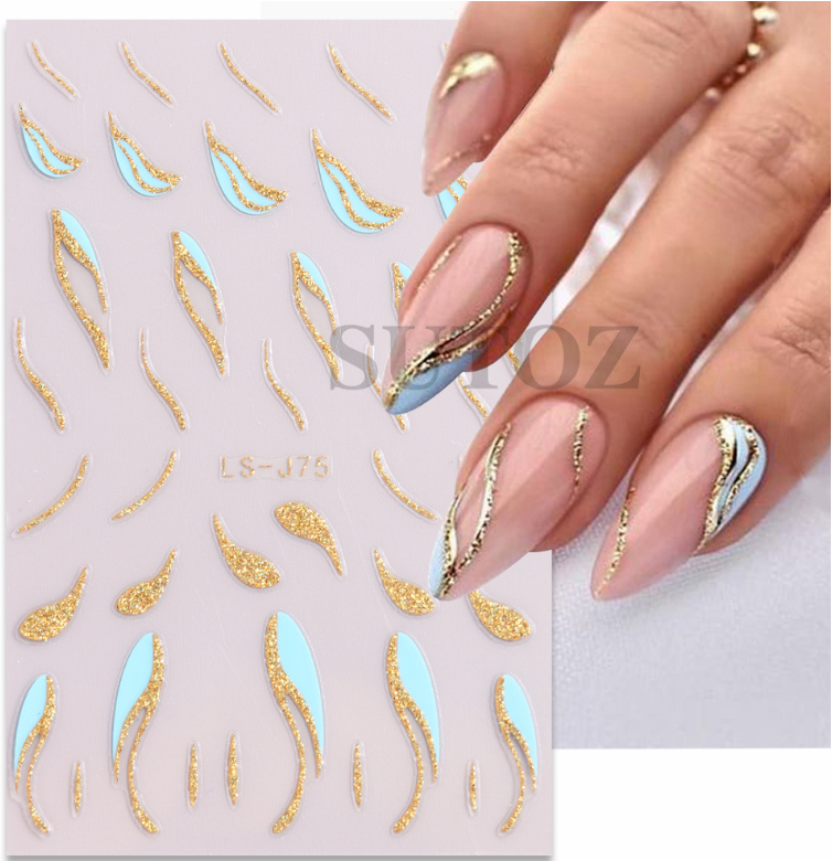 3D Glitter Gold Line Nail Art Stickers Decals French Tip Wavy Fringe ...