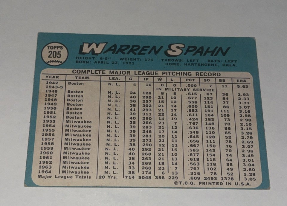 WARREN SPAHN mets 1965 TOPPS #205 VERY GOOD | eBay
