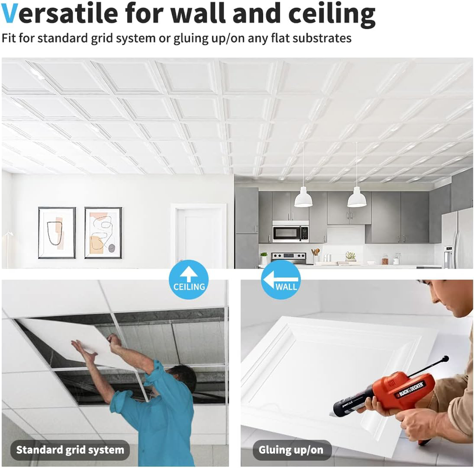 Art3d 12-Pack Square Drop Ceiling Tile 2ft x 2ft in White, PVC Ceiling ...