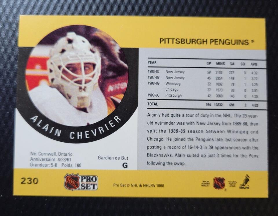 1990-91 Pro Set ALAIN CHEVRIER Pittsburgh Penguins Hockey NHL ERROR ...