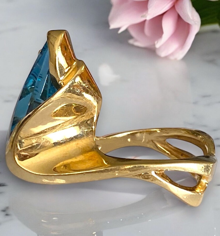 Designer CUSTOM 14k Gold Massive Carved Blue Topaz Abstract Ring Size 6 ...