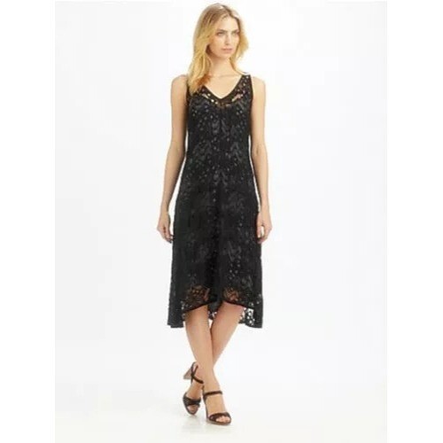 Eileen Fisher Crochet Lace Silk Midi Dress Women's Black Classic ...