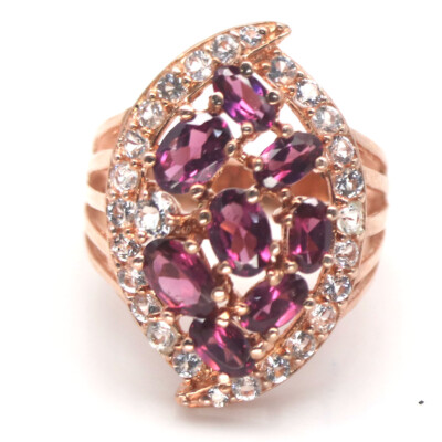 Unheated Gemstone Purplish Pink Rhodolite & Zircon Ring 925 Silver Size ...