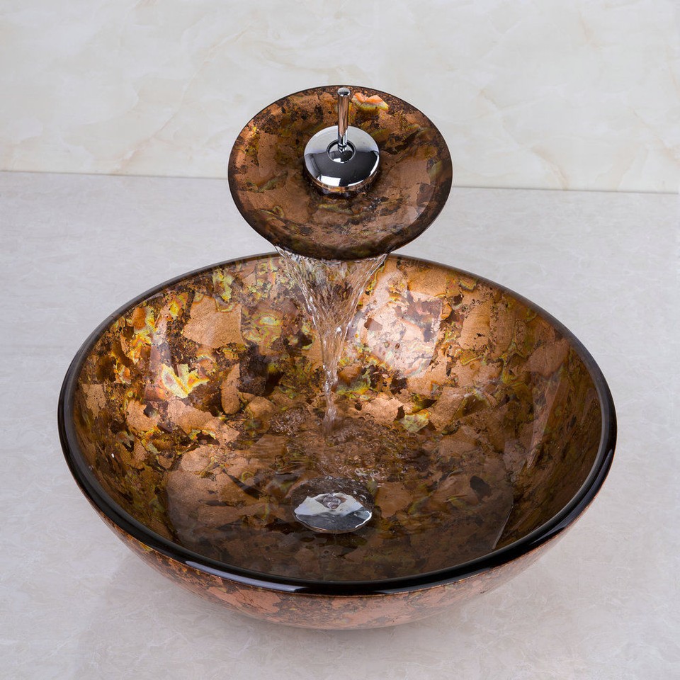 Bathroom Basin Vanity Tempered Glass Bowl & Faucet Waterfall Tap Deck ...