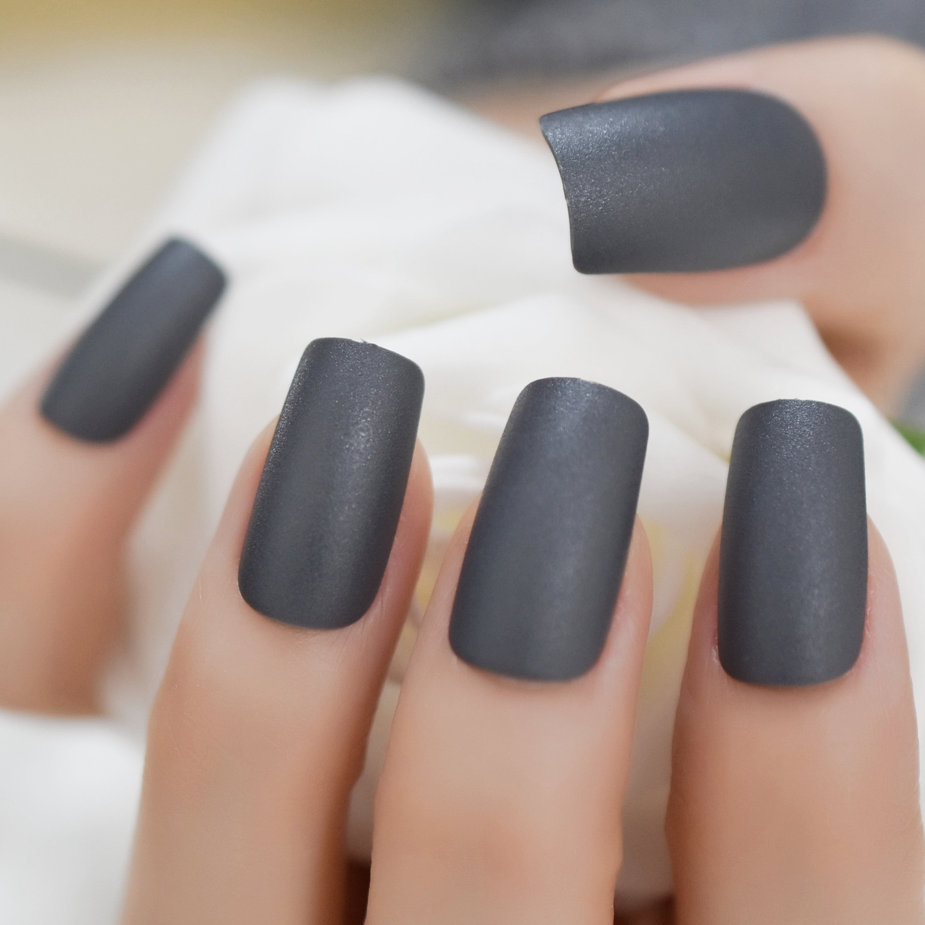 MATTE *GRAPHITE GREY* Full Cover Square 24 Nail Tips Press On Glue Set ...