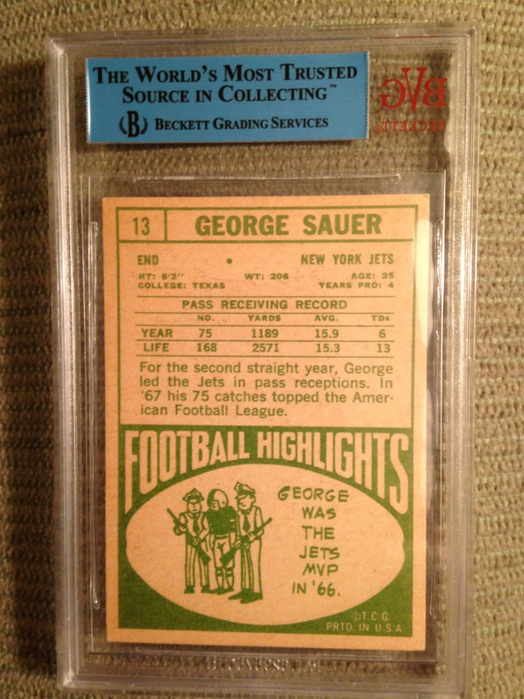 1968 George Sauer Jr "Signed Autograph" NY Jets#13 Beckett JSA Centered ...