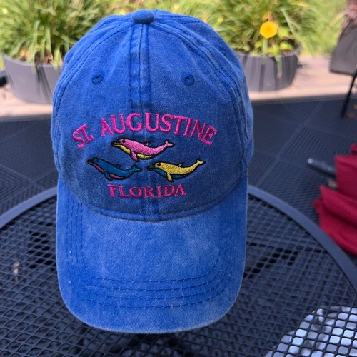 St. Augustine Florida in Pink w 3 Dolphins on Blue washed out Hat Cap ...